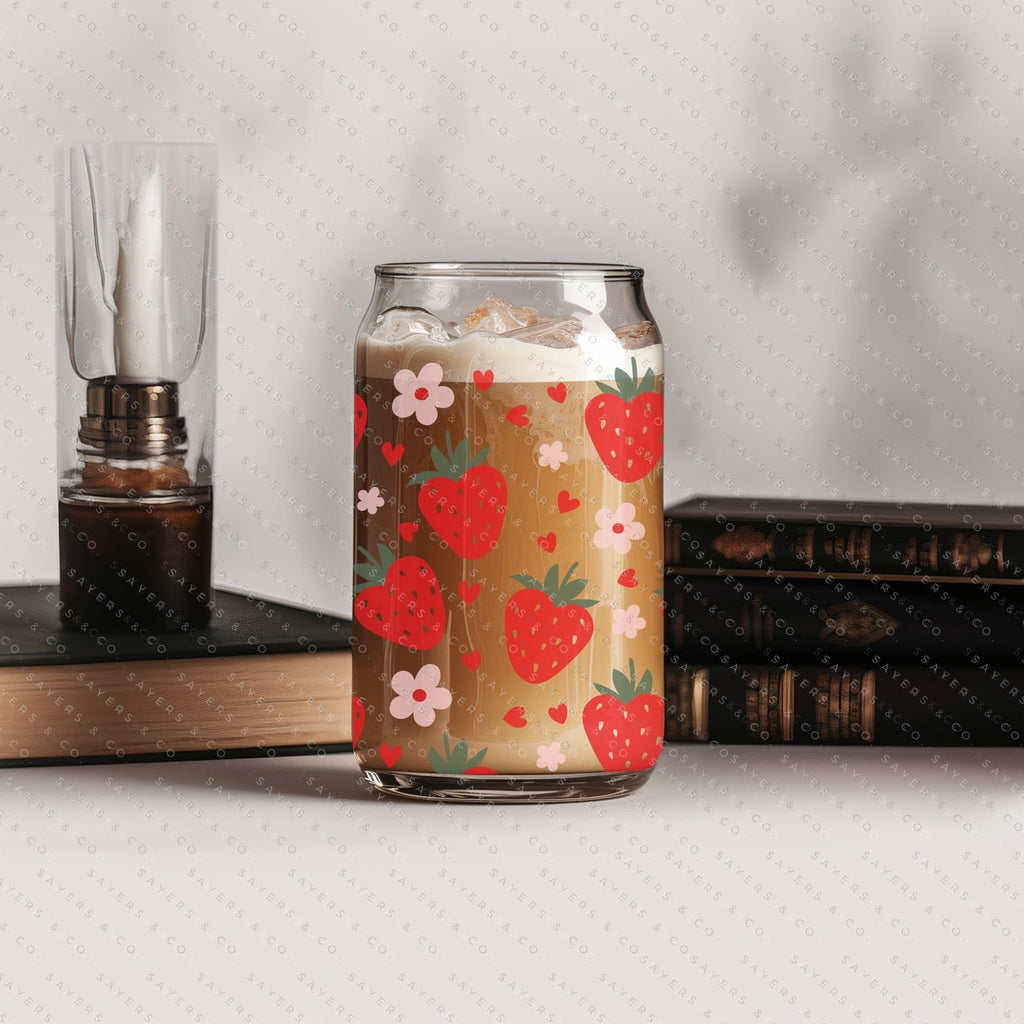 16oz Valentine's Day Berry Hearts Iced Coffee Glass Can, Flower Tumbler ...