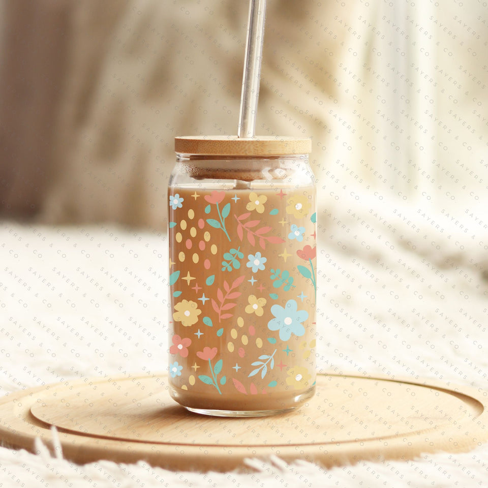 16oz Sweet Spring Glass Cup with Bamboo Lid & Straw #100105 Sayers & Co.